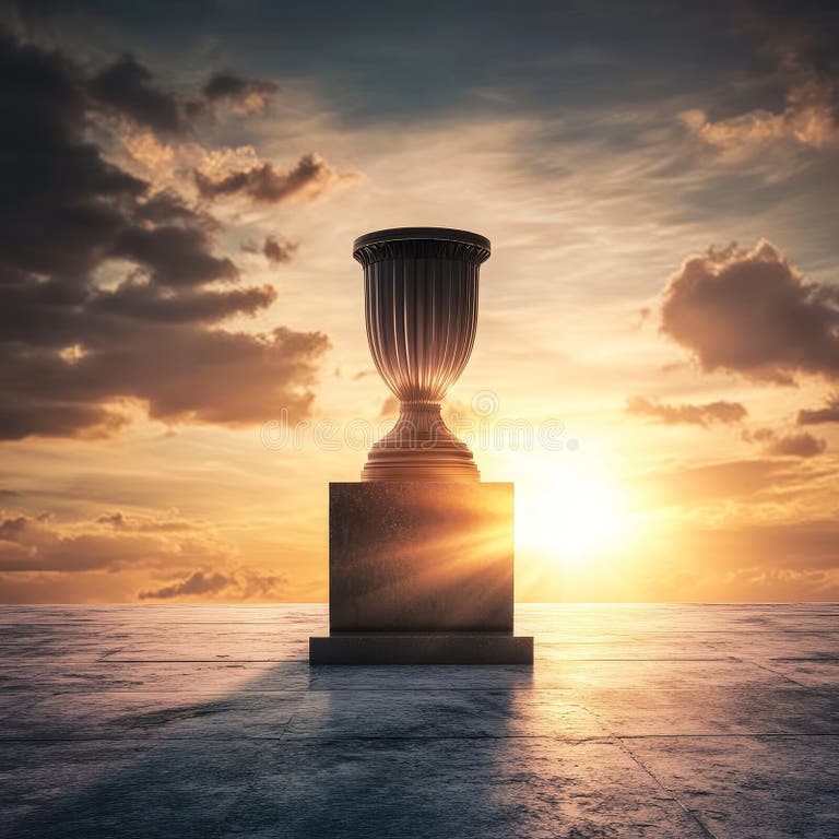3d Render of a Trophy Standing on the Ground with Sunset Sky Background ...