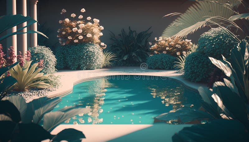 3d Render of Tropical Garden with Swimming Pool and Palm Trees. Stock ...