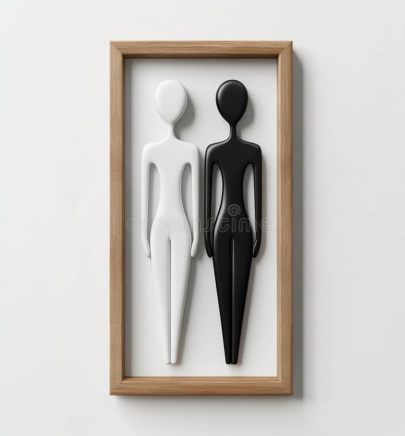 3D Render of Two Black and White Abstract Human Figures in a Wooden ...