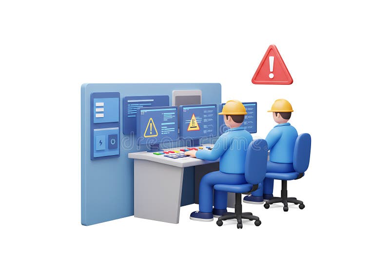 3D Render of Two Engineers Working on a Control Panel with an Error ...