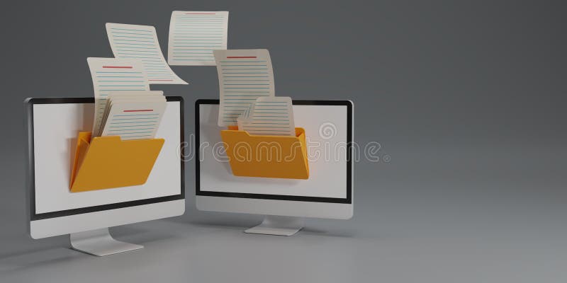 3D Render Uploading Desktop Documents from Folder To Folder. Open File Folder with Flying Blank ...