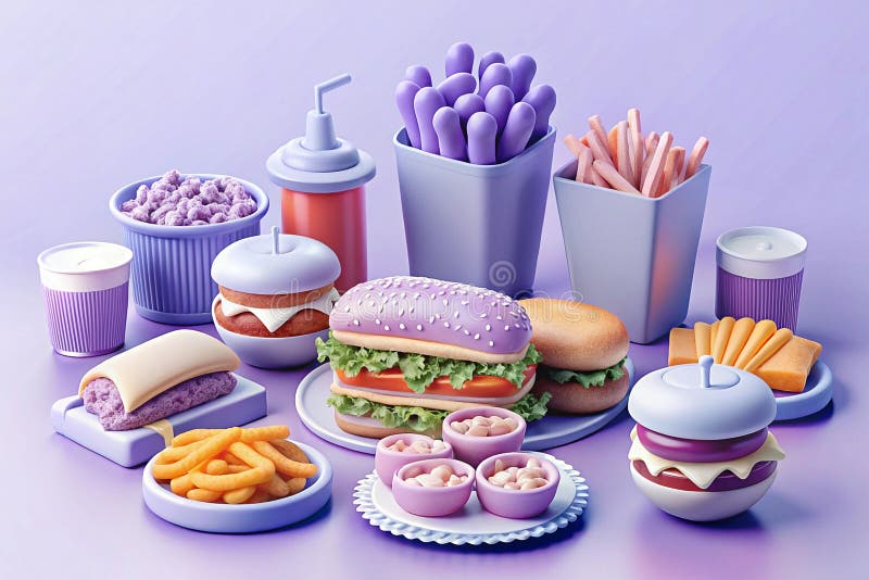 A 3D Render of Various Cartoonish Fast Food Items on a Purple ...