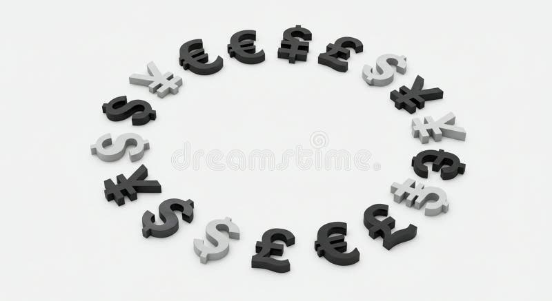 3D Render of Various Currency Symbols Arranged in a Circular Pattern on ...