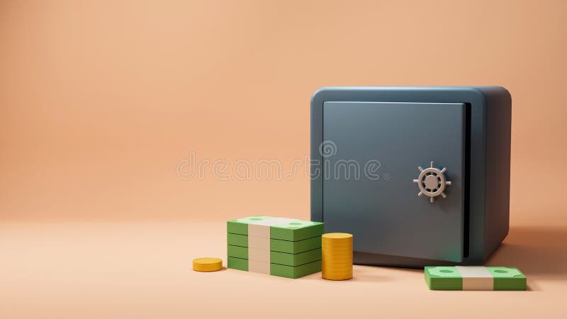 3D Render Vault or Safe Box with Stack of Coins, Banknotes Element on ...