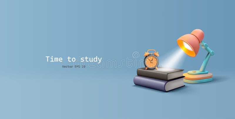 3d Render Vector Illustration of Desk Lamp with Pile of Books and Alarm ...