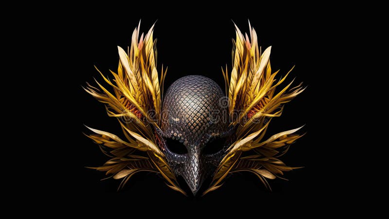 3D Render of Venetian Mask with Golden Feathers on Black Background ...