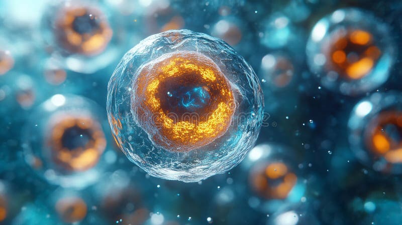 3D Render of a Vibrant Cell with a Glowing Orange and Blue Core ...