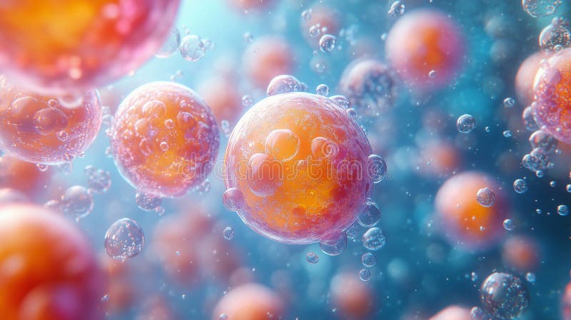 3D Render of Vibrant Cells Floating in a Blue Fluid Environment ...