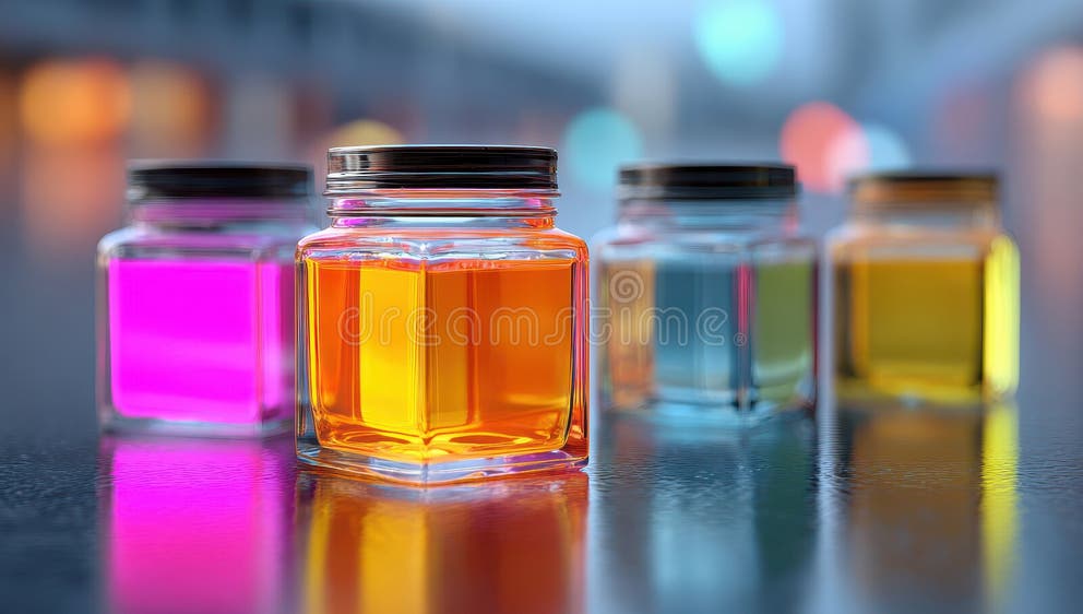 3d Render of Vibrant Neon-colored Paint Jars on a Glossy Surface, with ...