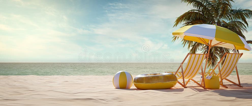 3D Render. View of Beach in Summer Holidays Concept Stock Illustration ...