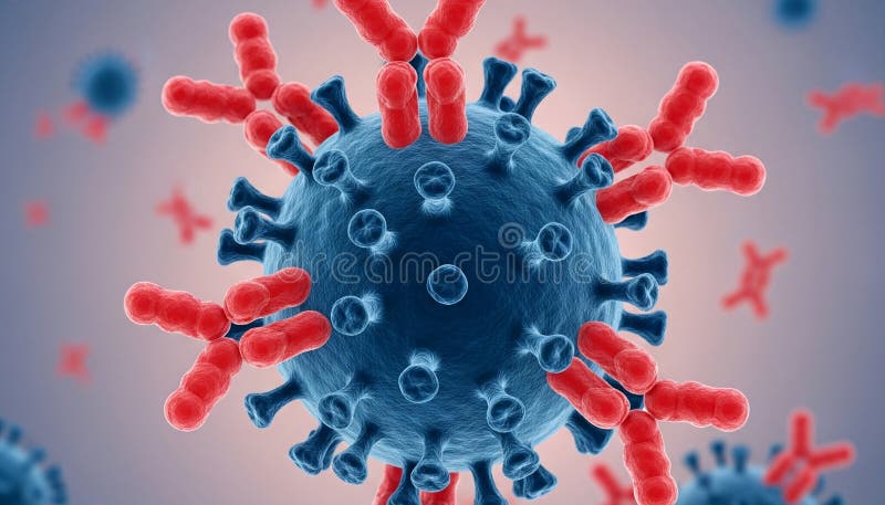 3D Render of Virus Cell with Red Spikes on Blue Surface - Microscopic ...