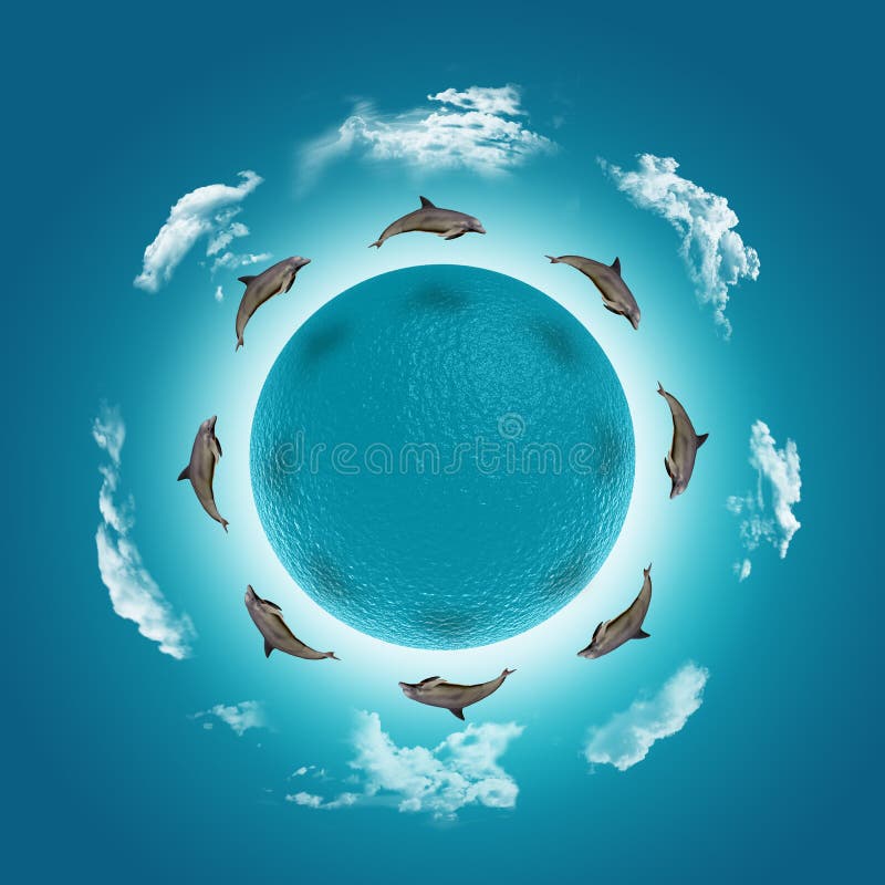 3D Render of a Water Globe with Jumping Dolphins and Clouds Stock Illustration - Illustration of ...