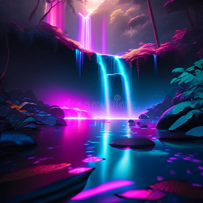 3d Render of Waterfall in the Forest with Neon Light Effect. AI ...