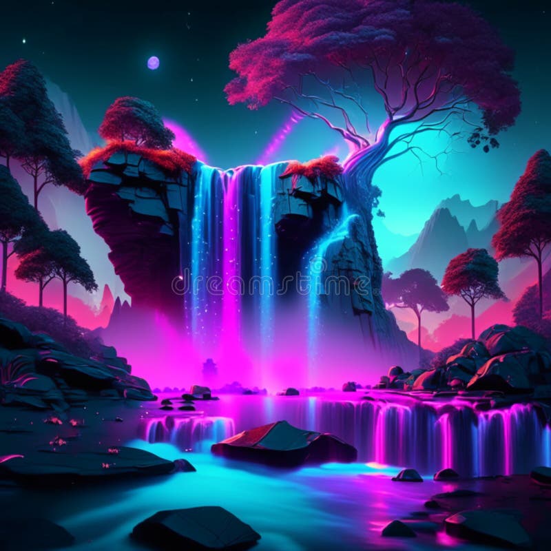 3d Render of Waterfall in the Forest at Night. 3d Illustration ...