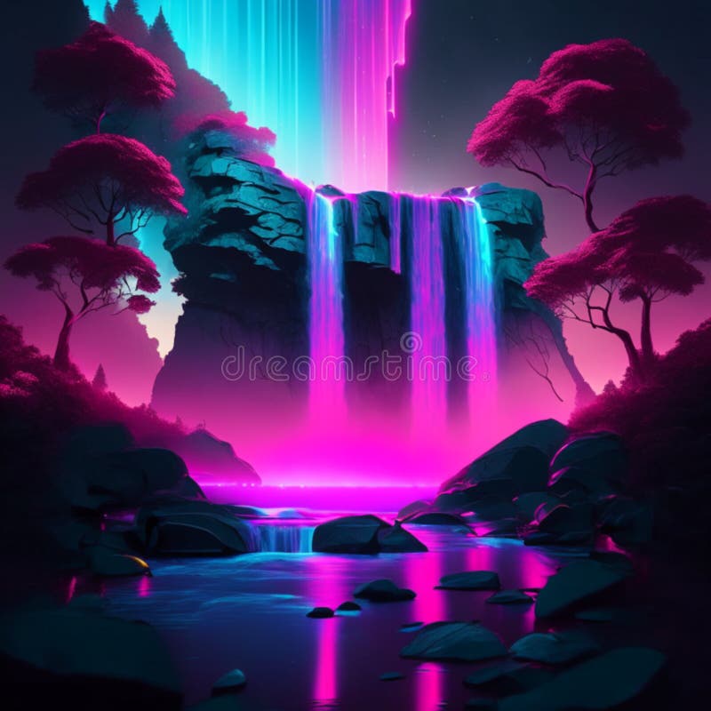 3d Render of Waterfall in the Forest at Night. 3d Illustration ...