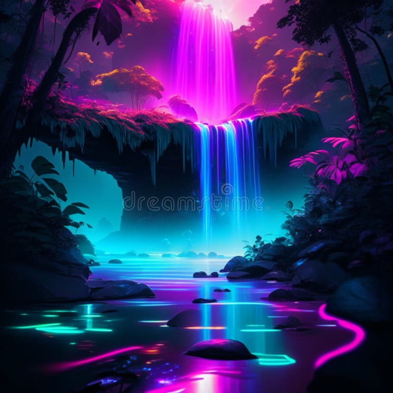 3d Render of Waterfall in the Jungle at Night with Neon Lights ...