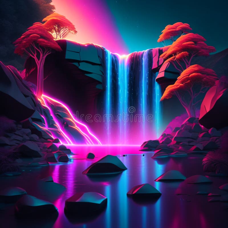 3d Render of Waterfall and Palm Trees with Neon Light Effect ...