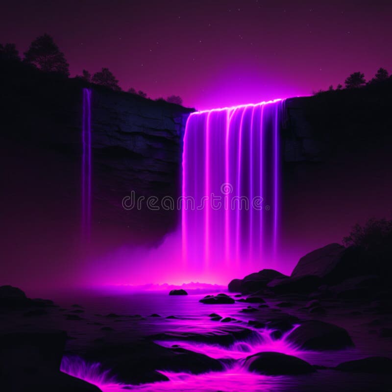 3d Render of Waterfall at Night with Purple Light in the Water ...