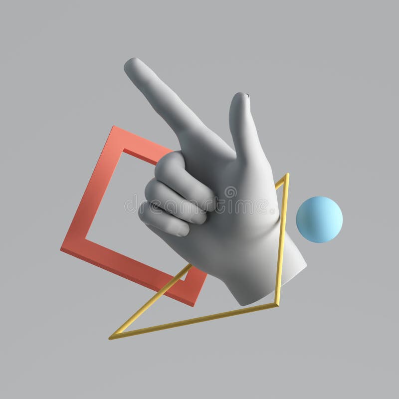 3d Render White Artificial Hand, Geometric Objects Levitating. Pointing ...