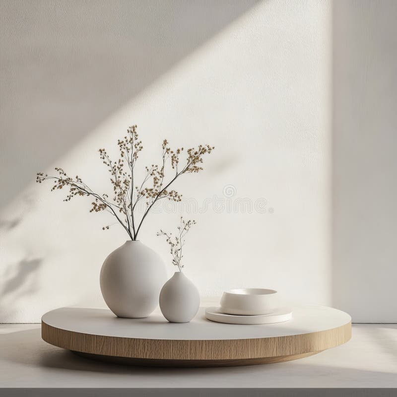 3d Render of White Ceramic Vases on a Wooden Stand. Stock Illustration - Illustration of glass ...