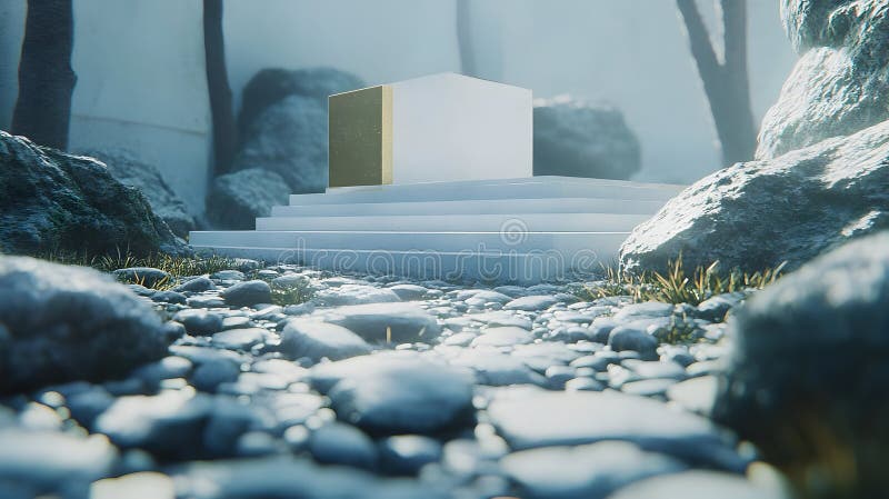 3D Render of a White Cube with Gold Accents on a Stone Pathway Stock ...
