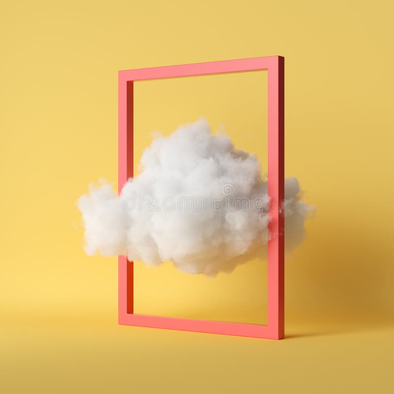 3d Render, White Fluffy Cloud Flying through the Rectangular Red Frame ...