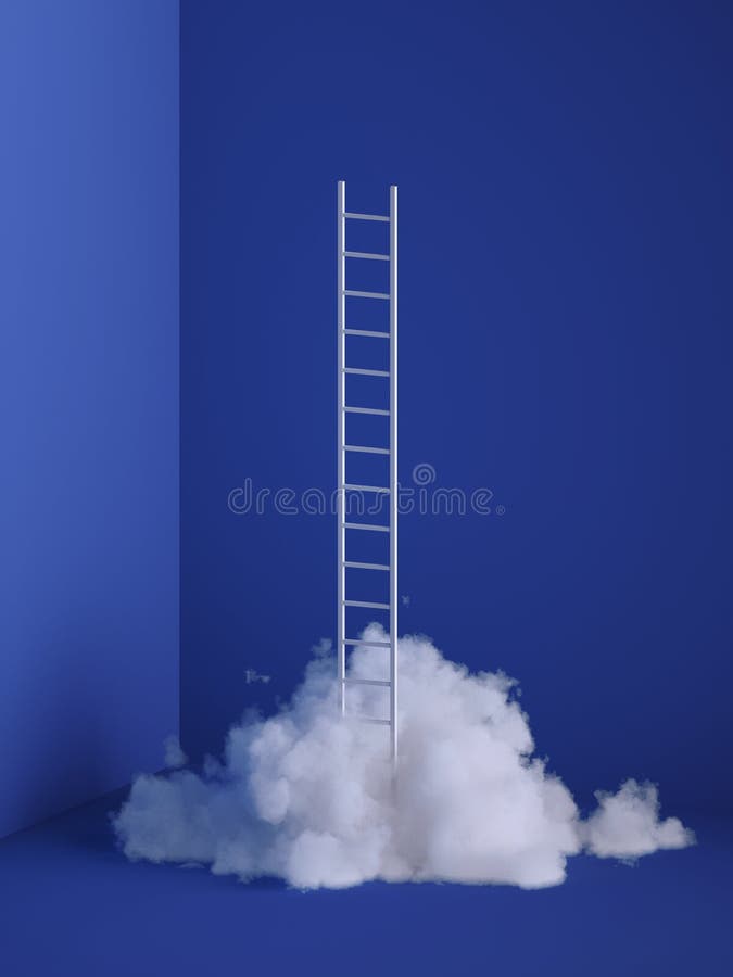 3d Render of White Fluffy Cloud, Ladder, Stairs, Minimal Room Interior ...