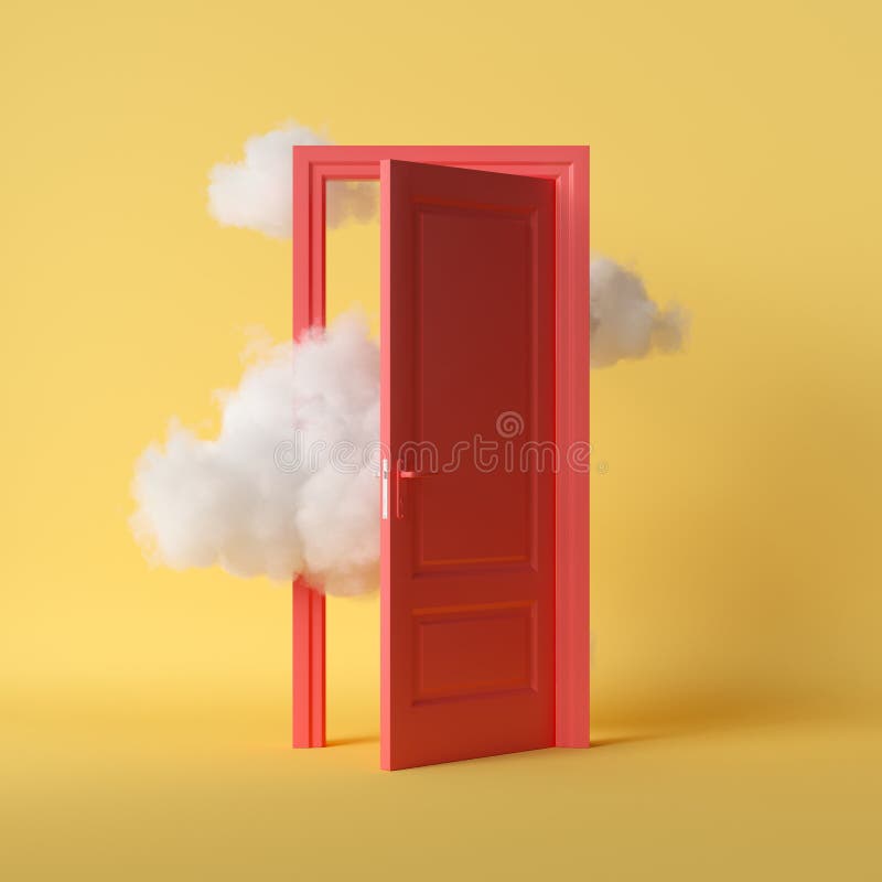 3d Render, White Fluffy Clouds Going through, Flying Out, Open Red Door ...