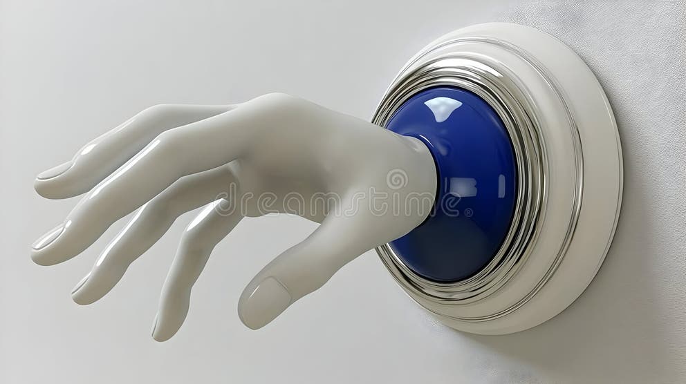 3D Render of a White Hand Reaching for a Blue Button Stock Illustration ...