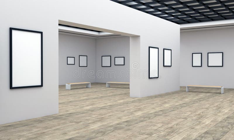 3D Render of a White Image Gallery with Blank Spaces for Art Stock ...