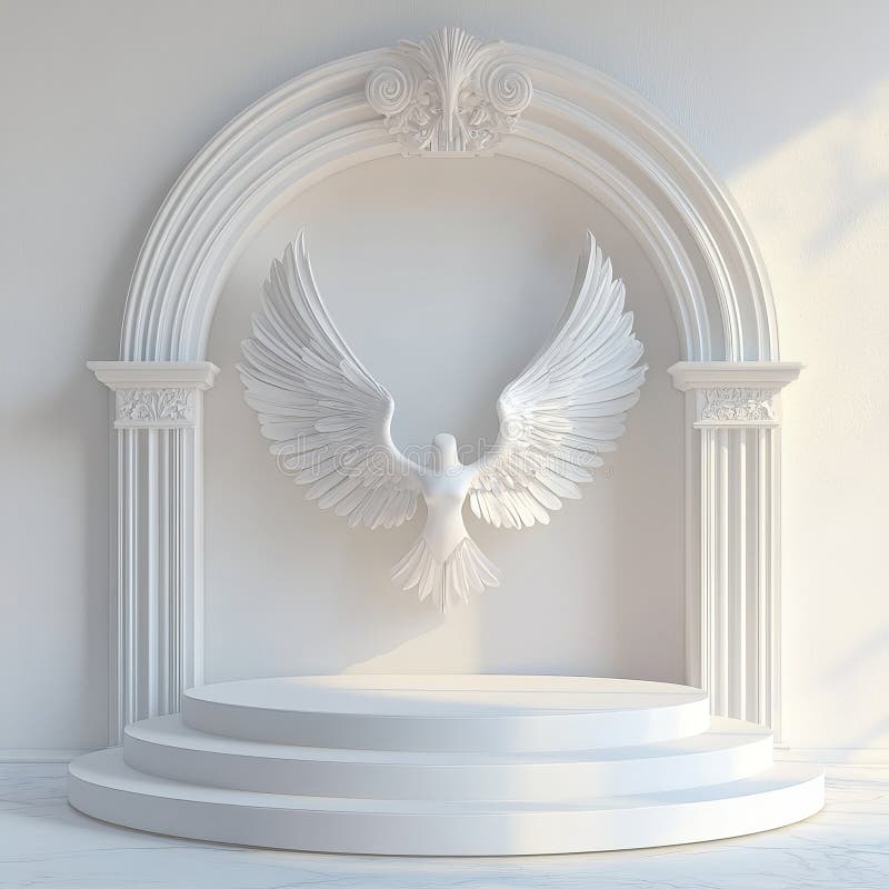 3d Render of White Marble Podium with Angel Wings and Arch. Stock ...