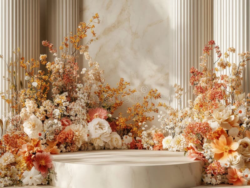 A White Marble Podium with Flowers and Columns.Generative AI ...