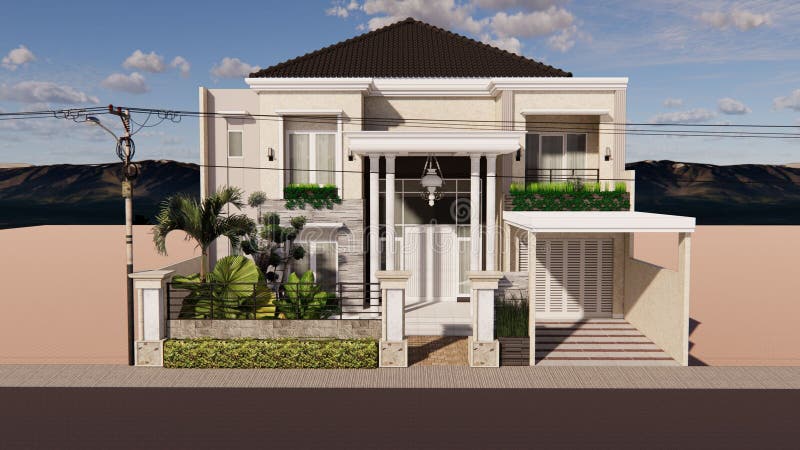 3D Render of a White Modern House at the Road with Lush Green Trees in ...
