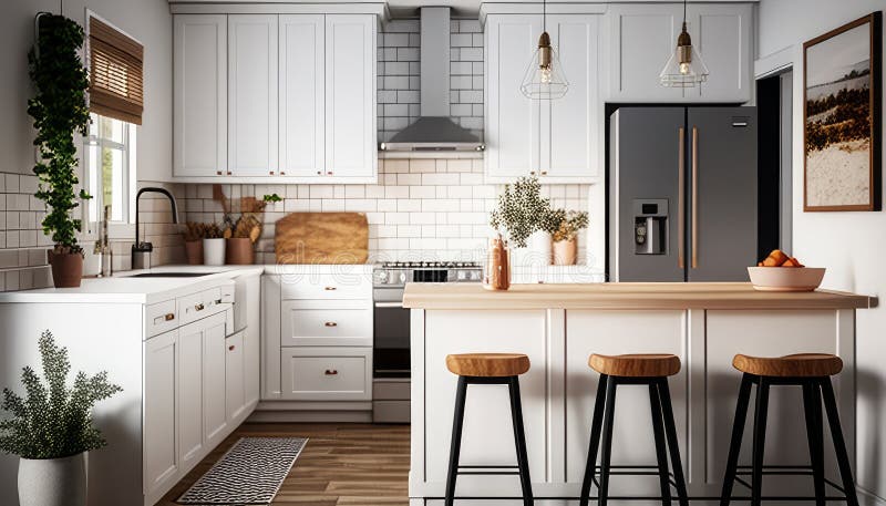 3d Render of White Modern Kitchen in Scandinavian Style Stock ...