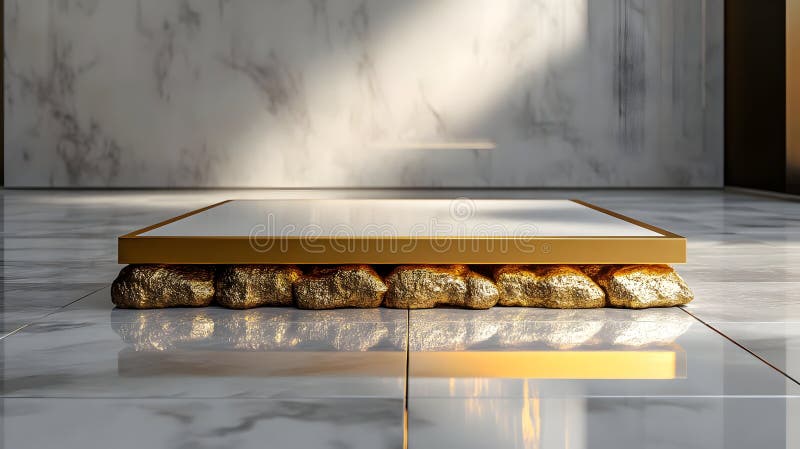 3D Render of a White Platform with Gold Trim on a Marble Surface Stock Illustration ...