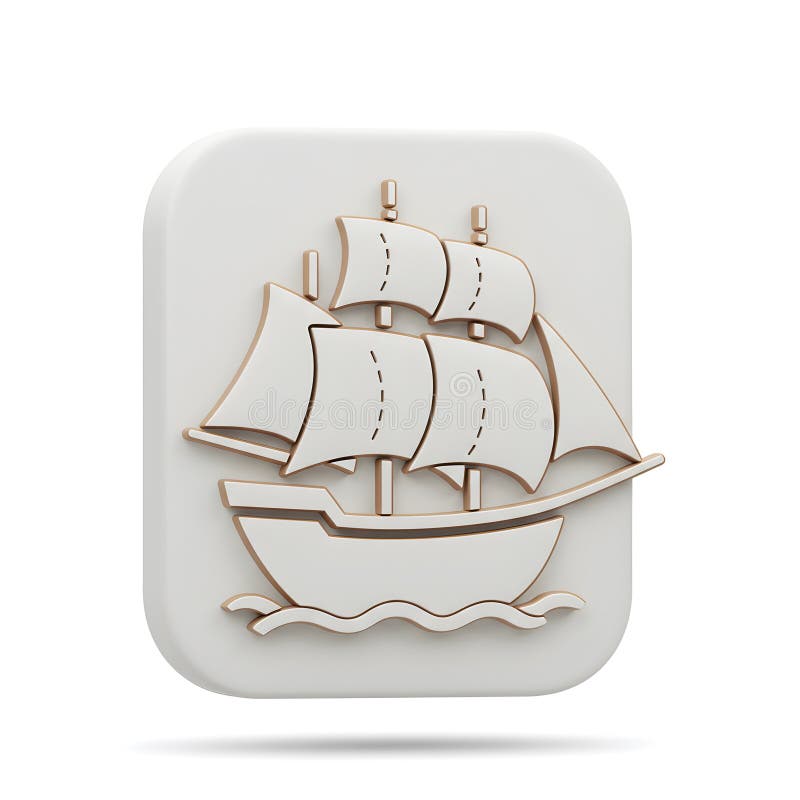 3D Render of a White Sailing Ship Icon on a Square Button, Maritime ...