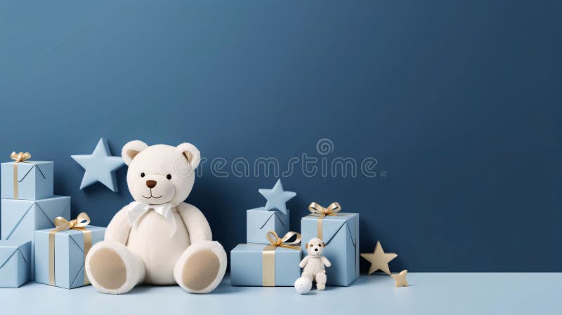 3d Render of White Teddy Bear with Gift Boxes on Blue Background Stock ...