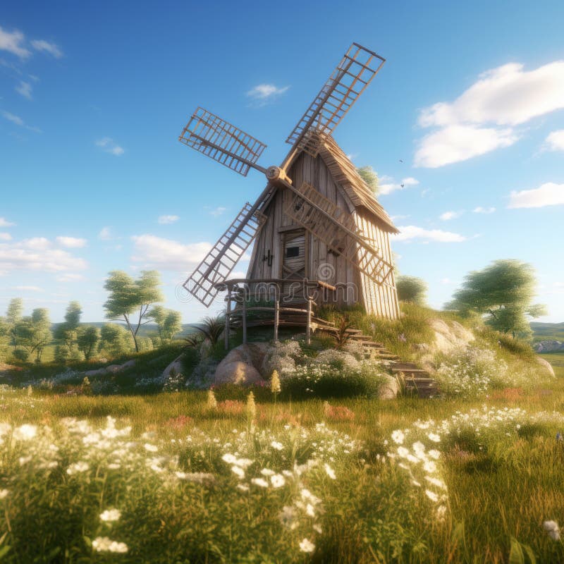 3D Render of a Windmill with a Wooden Roof in the Grass Stock ...