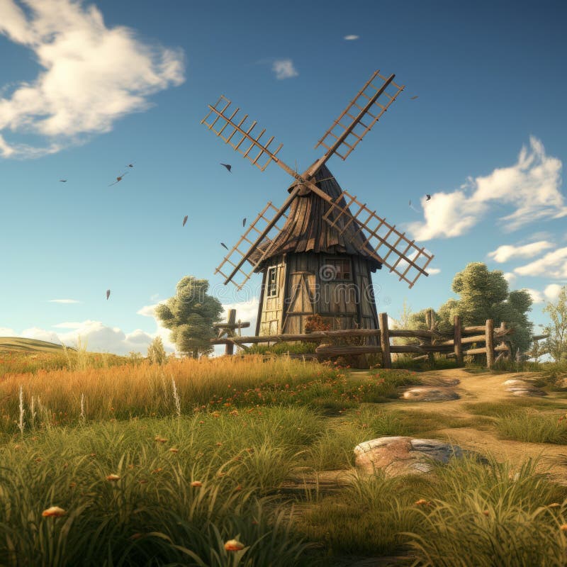 3D Render of a Windmill with a Wooden Roof in the Grass 2 Stock ...
