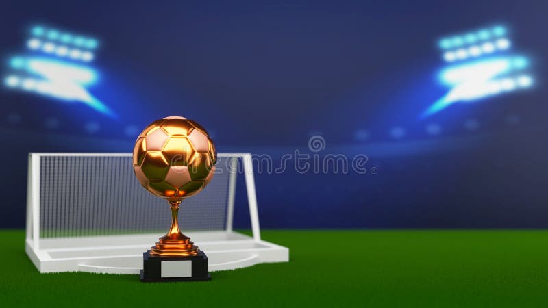 3D Render of Winning Trophy Cup with Football Net on Blue and Green ...
