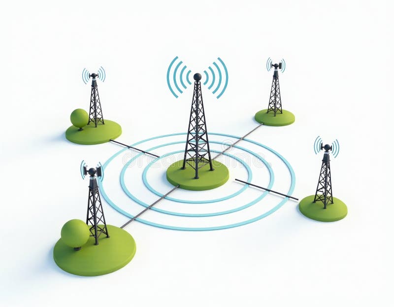 3D Render of Wireless Communication Network with Cell Towers and Signal ...