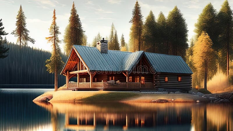 3D Render of a Wooden House in the Woods with a Beautiful Lake Stock ...