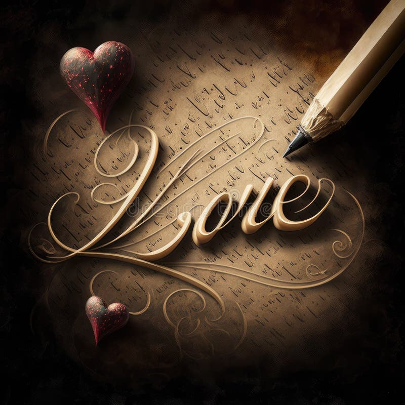 The Word Love in Cursive on a Parchment Background with Hearts and ...