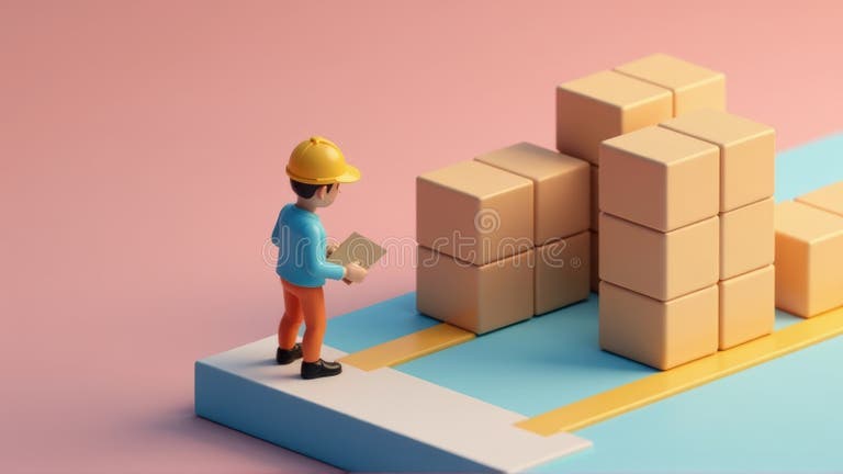 3D Render of Worker Inspecting Stacked Cubes, Logistics and Inventory Management Concept Stock ...