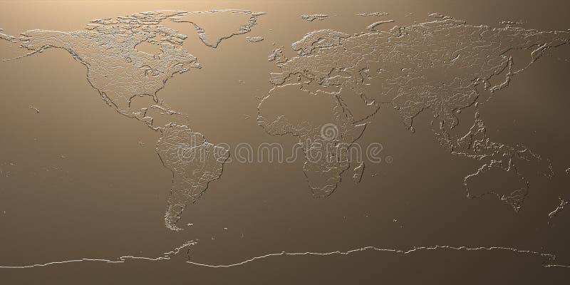 3D Render of a World Map Engraved on a Bronze Metal Plate Stock ...