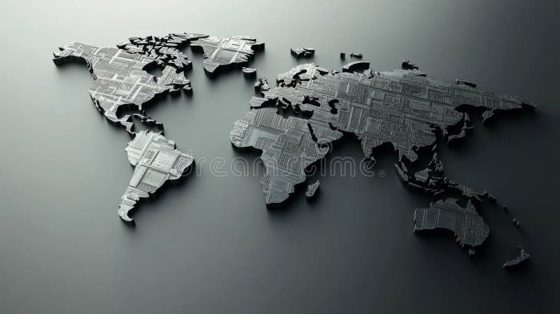 A 3D Render of the World Map Made of Circuitry Stock Illustration ...