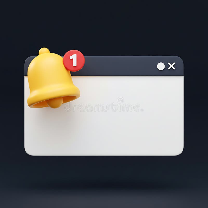 3D Render of a Yellow Bell Notification Icon on a Blank Web Browser ...