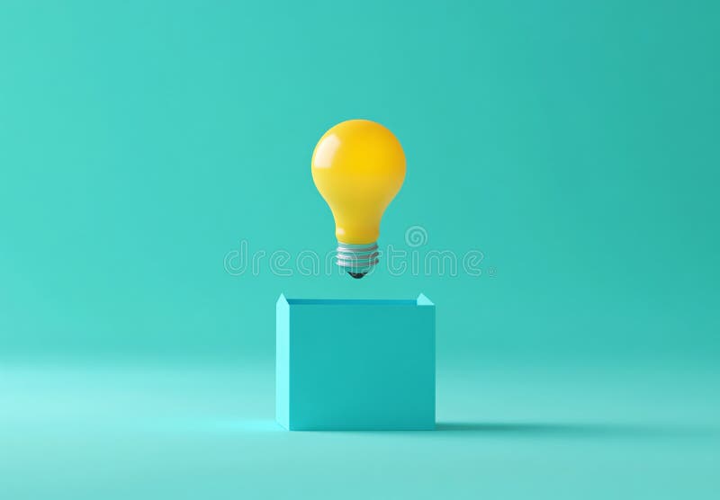 3D Render of a Yellow Light Bulb Flying Out of Blue Box Stock ...