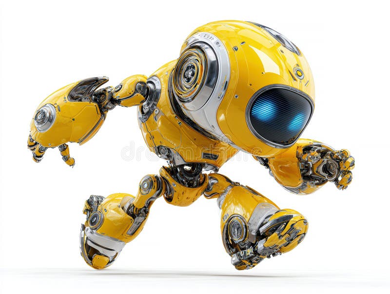 A 3D Render of a Yellow and Silver Robot with Blue Eyes, Standing in a ...