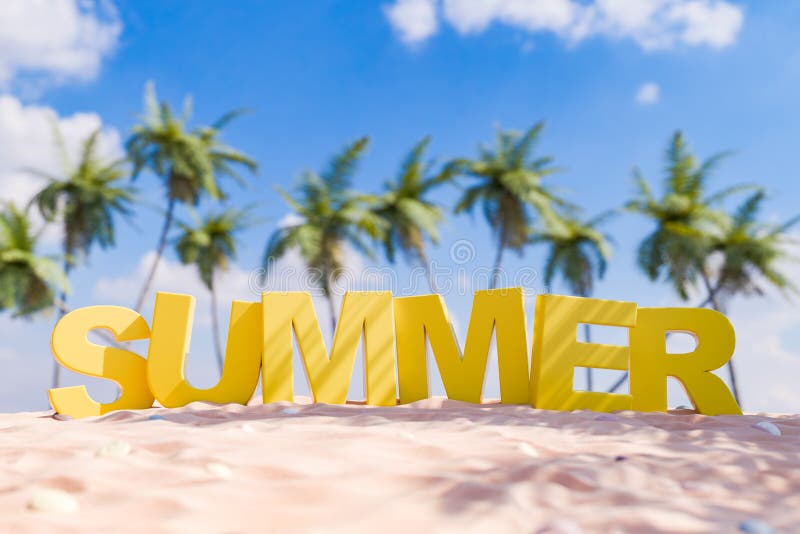 3D Render of Yellow Summer Text on a Beach with Palm Trees Stock ...